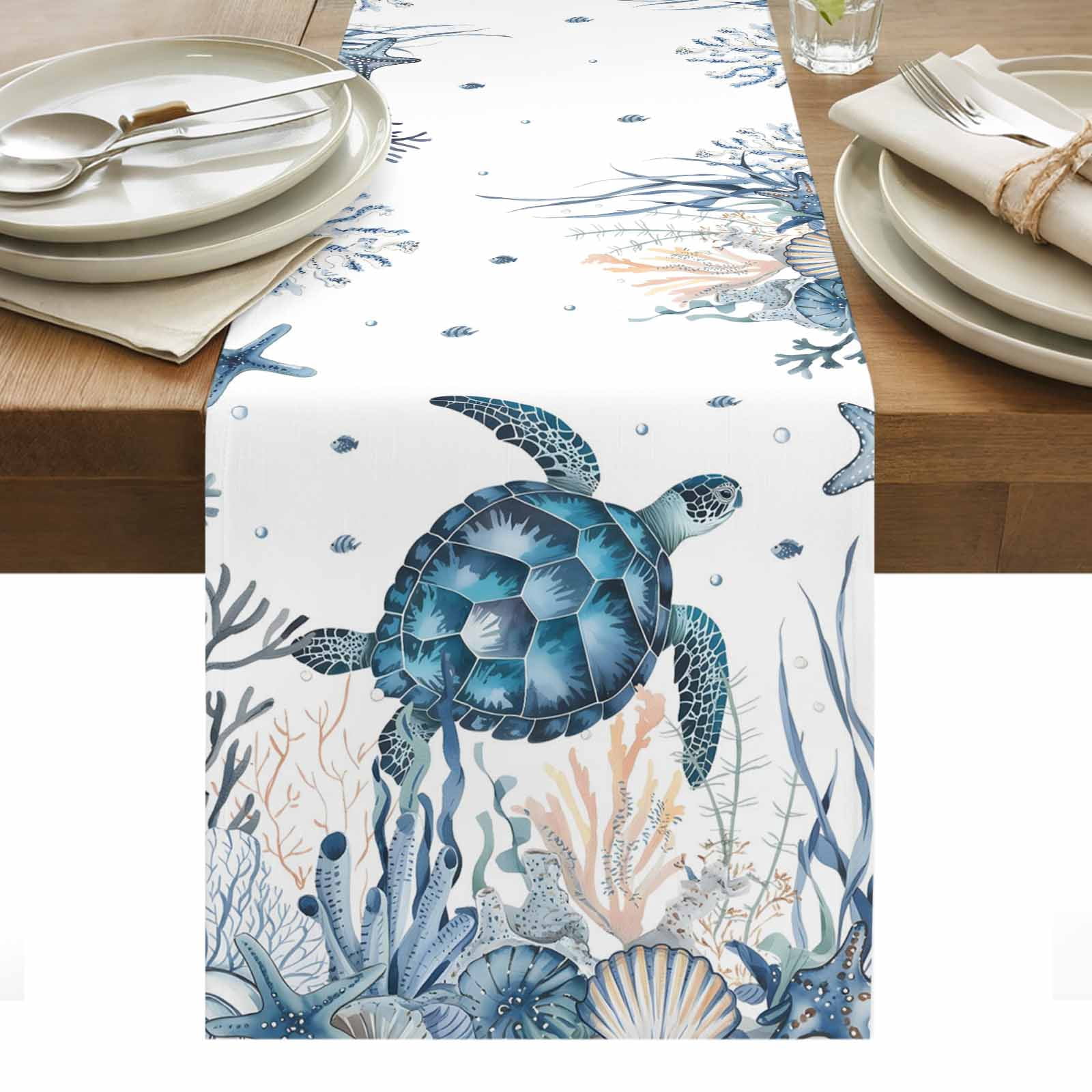 Coastal Sea Turtle Table Runner - 72 Inch Long, Kitchen Dining Table ...