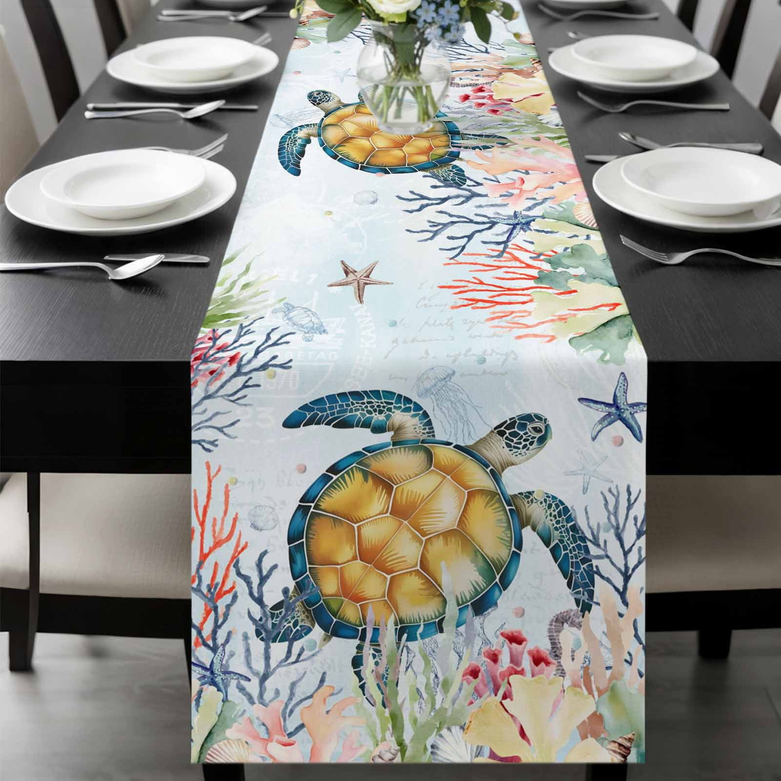 Coastal Sea Turtle Table Runner 72 Inches Long, Marine Coral Jellyfish ...