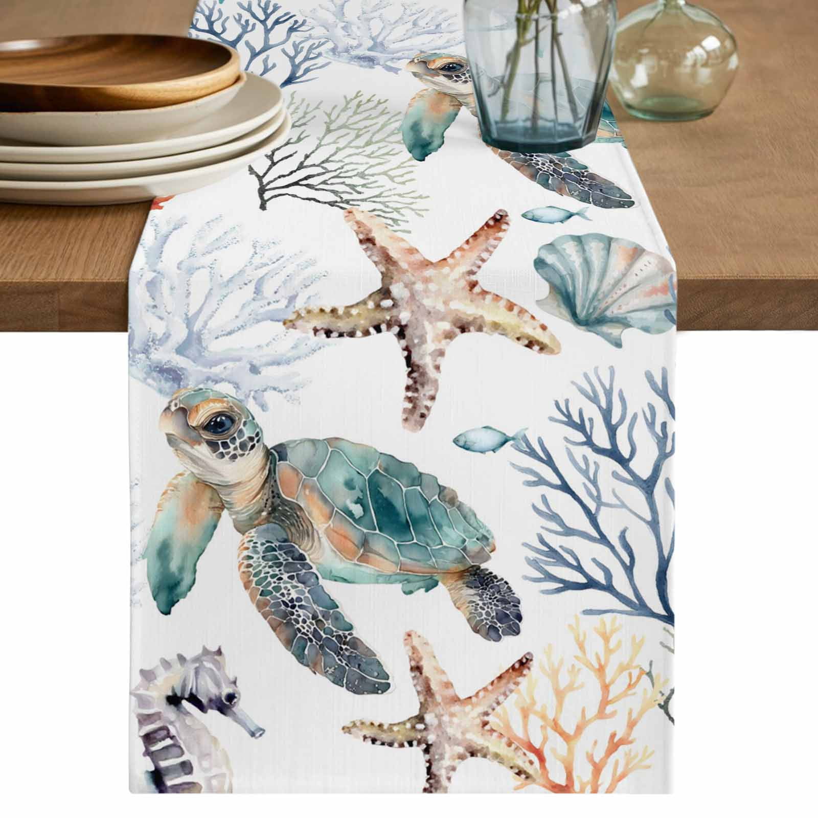 Coastal Sea Turtle Table Runner 72 Inches, Summer Beach Coral Ocean ...