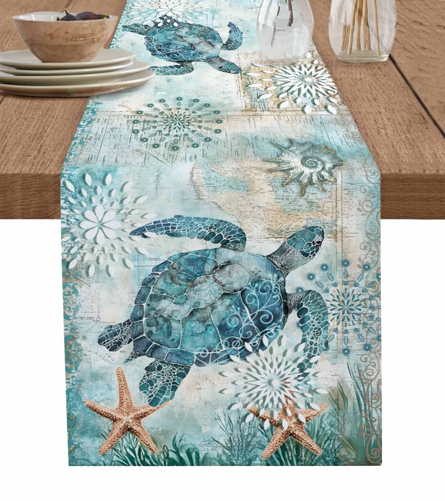 Coastal Sea Turtle Table Runner 90 Inch Long Dresser Scarves Cotton ...