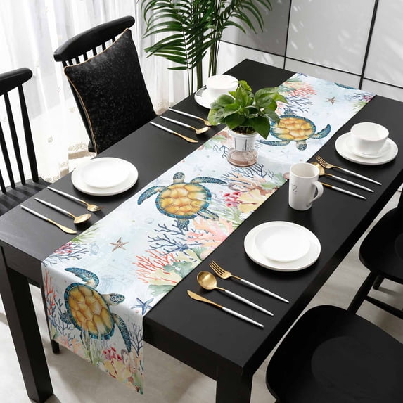 Coastal Sea Turtle Table Runner 90 Inches Long - Marine Coral Jellyfish ...