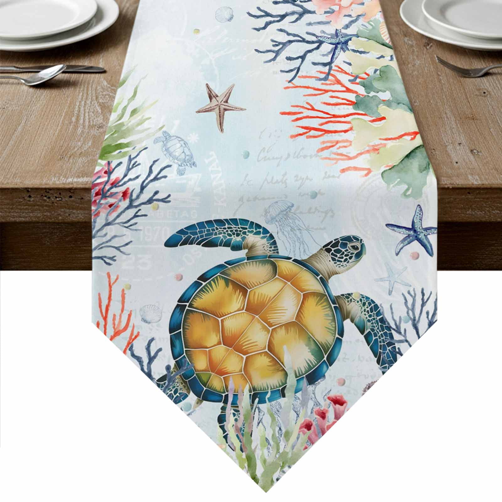 Coastal Sea Turtle Table Runner Linen Burlap Table Runner 72 Inches ...