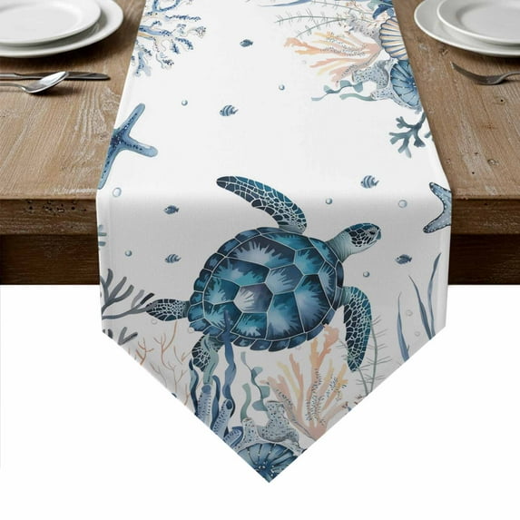 Coastal Sea Turtle Table Runner Linen Burlap Table Runner 72 Inches ...