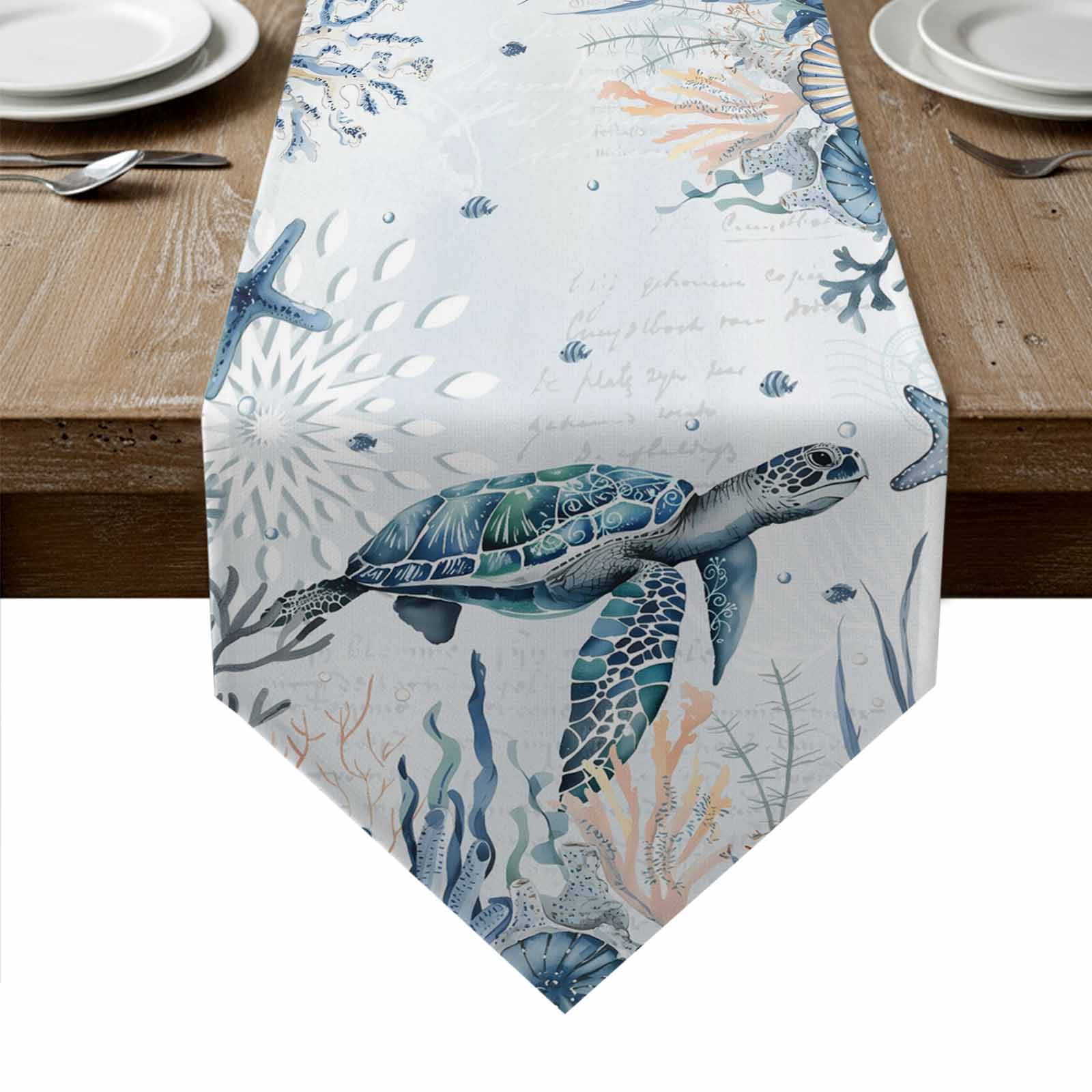 Coastal Sea Turtle Table Runner Linen Burlap Table Runner 72 Inches ...