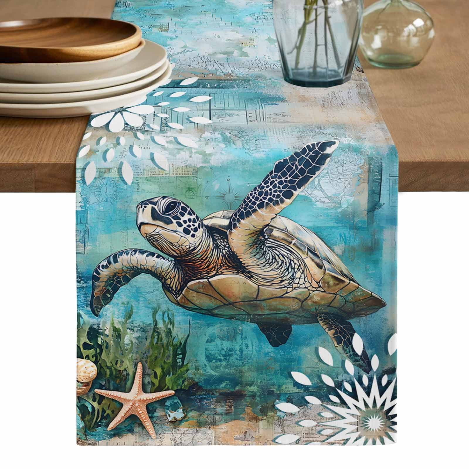 Coastal Sea Turtle Table Runner, Nautical Beach Starfish Coral Teal ...