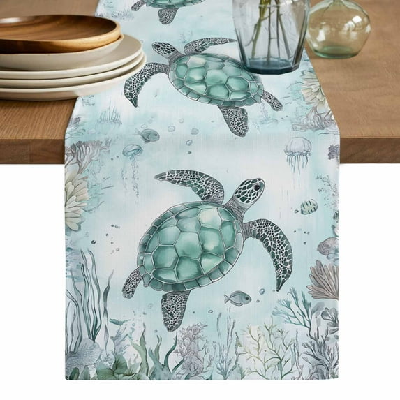 Coastal Sea Turtle Table Runner, Nautical Marine Jellyfish Coral ...