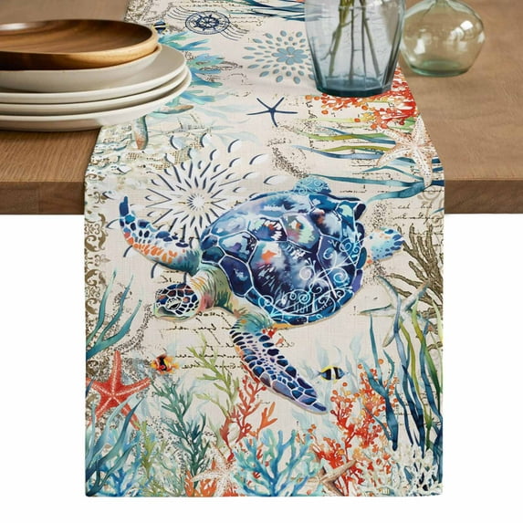 Coastal Sea Turtle Table Runner, Rustic Vintage Nautical Starfish Coral ...