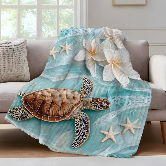 Coastal Sea Turtle Throw Blanket for Couch Beach Ocean White Floral ...