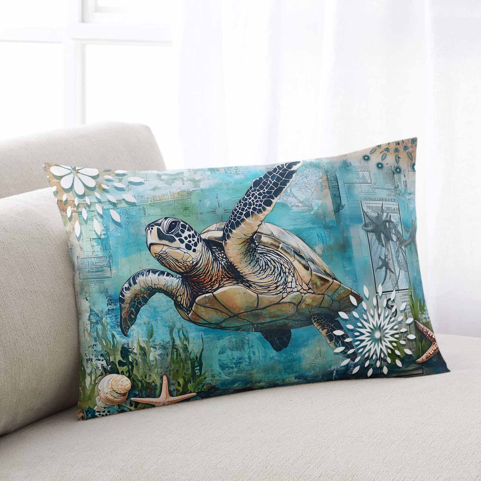 Coastal Sea Turtle Throw Pillow Covers, Nautical Beach Starfish Coral ...
