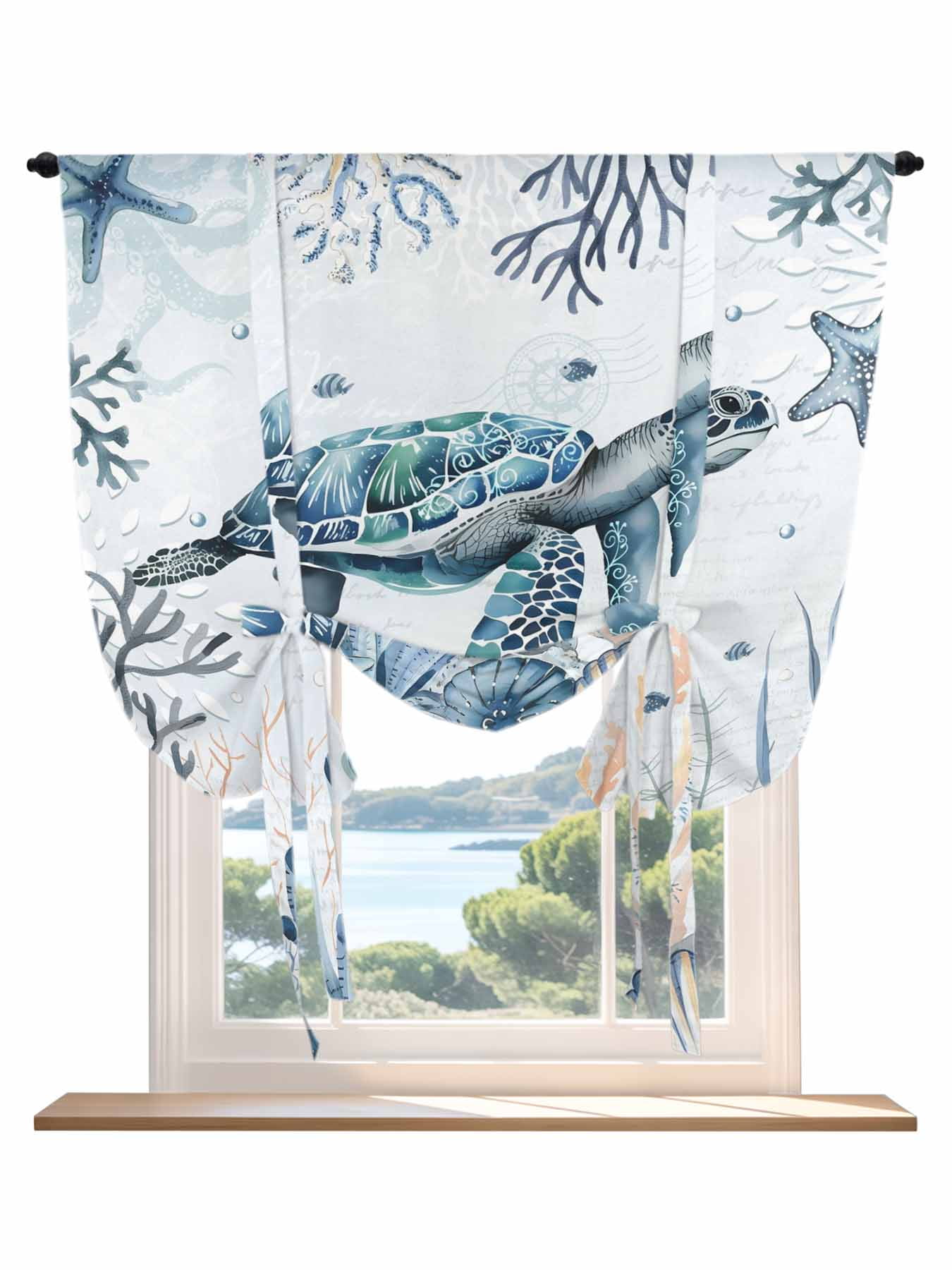 Coastal Sea Turtle Tie Up Curtains for Windows 54 Inch Length Balloon ...