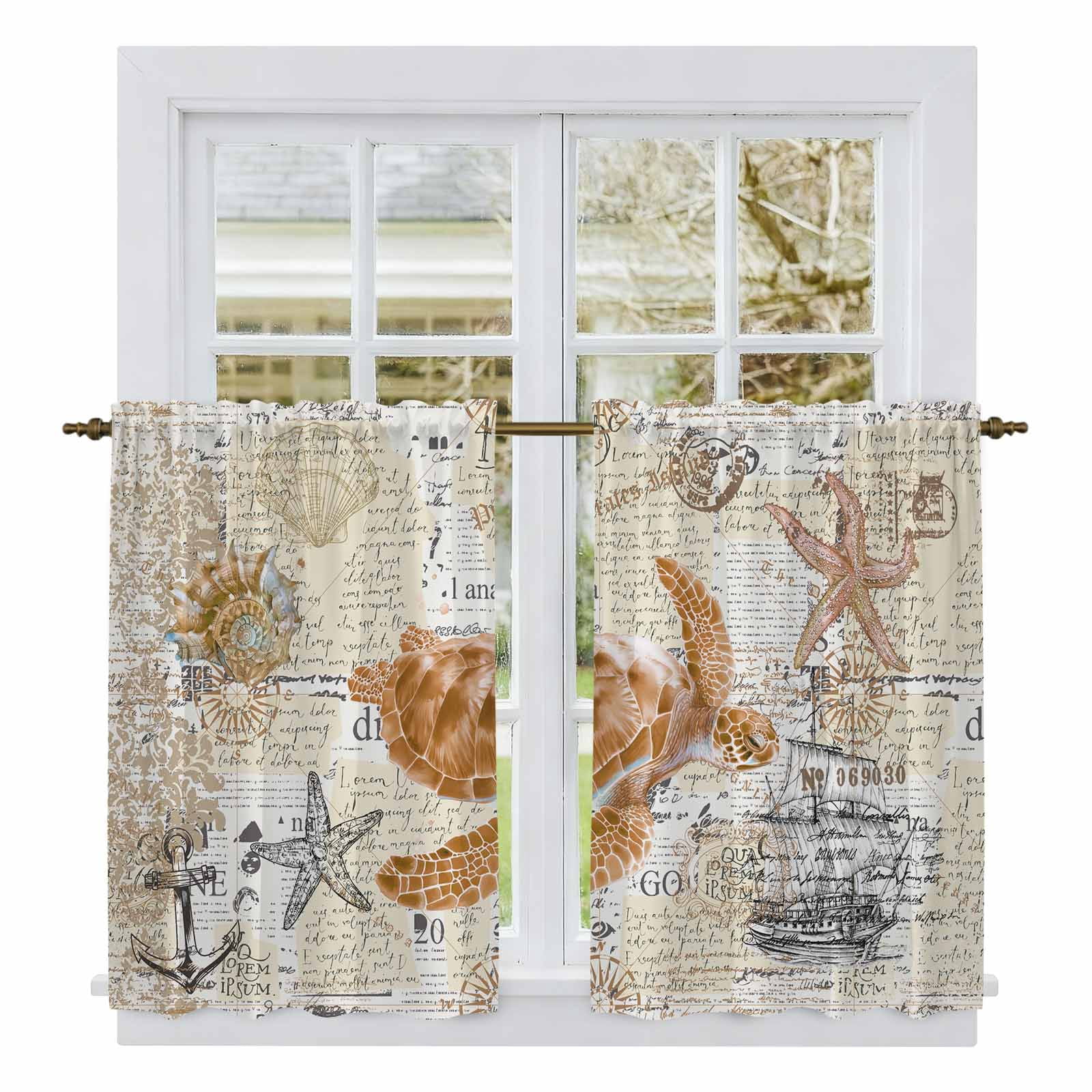 Coastal Sea Turtle Tier Curtains, Vintage Nautical Summer Beach ...