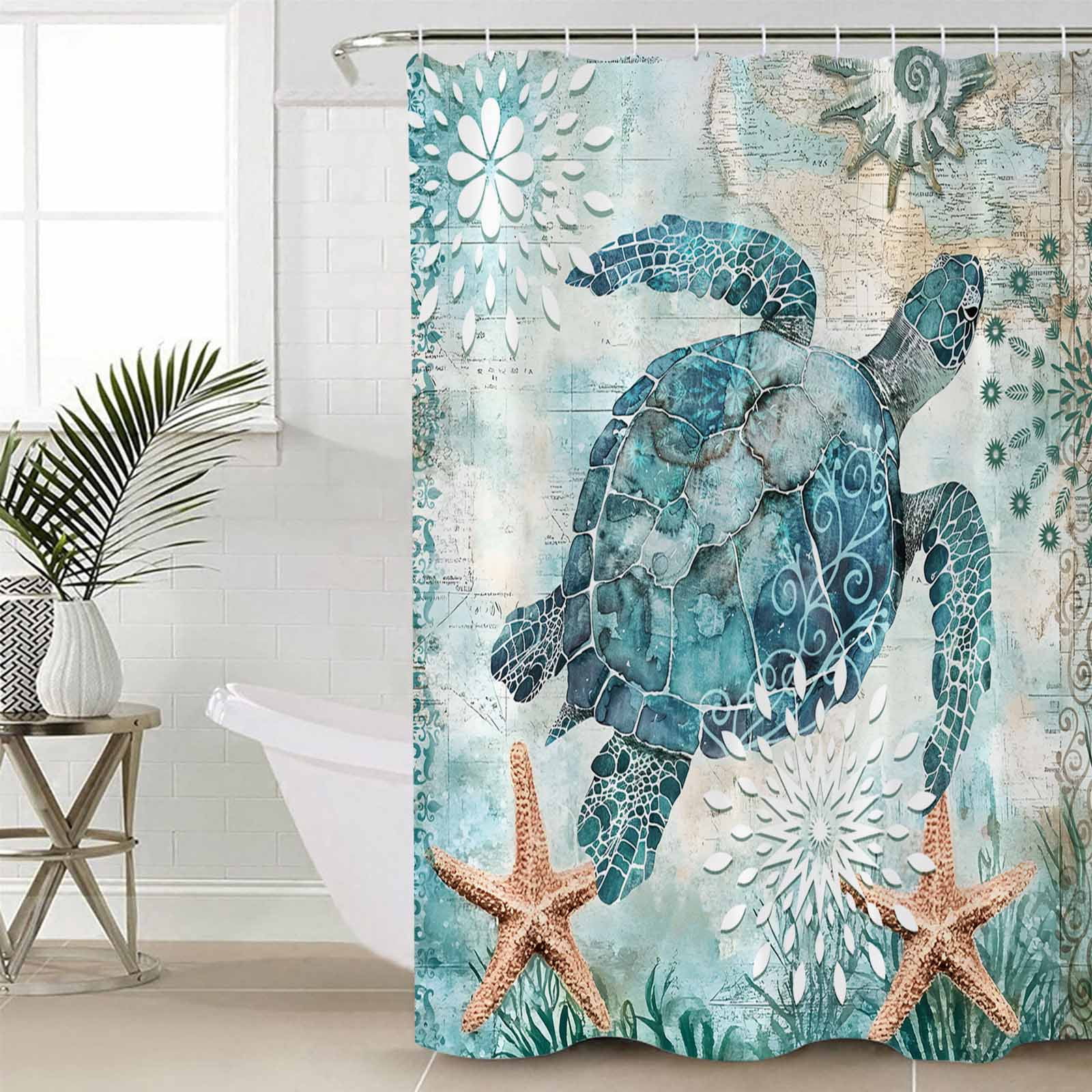 Coastal Sea Turtle Waterproof Fabric Shower Curtain, Teal Nautical ...