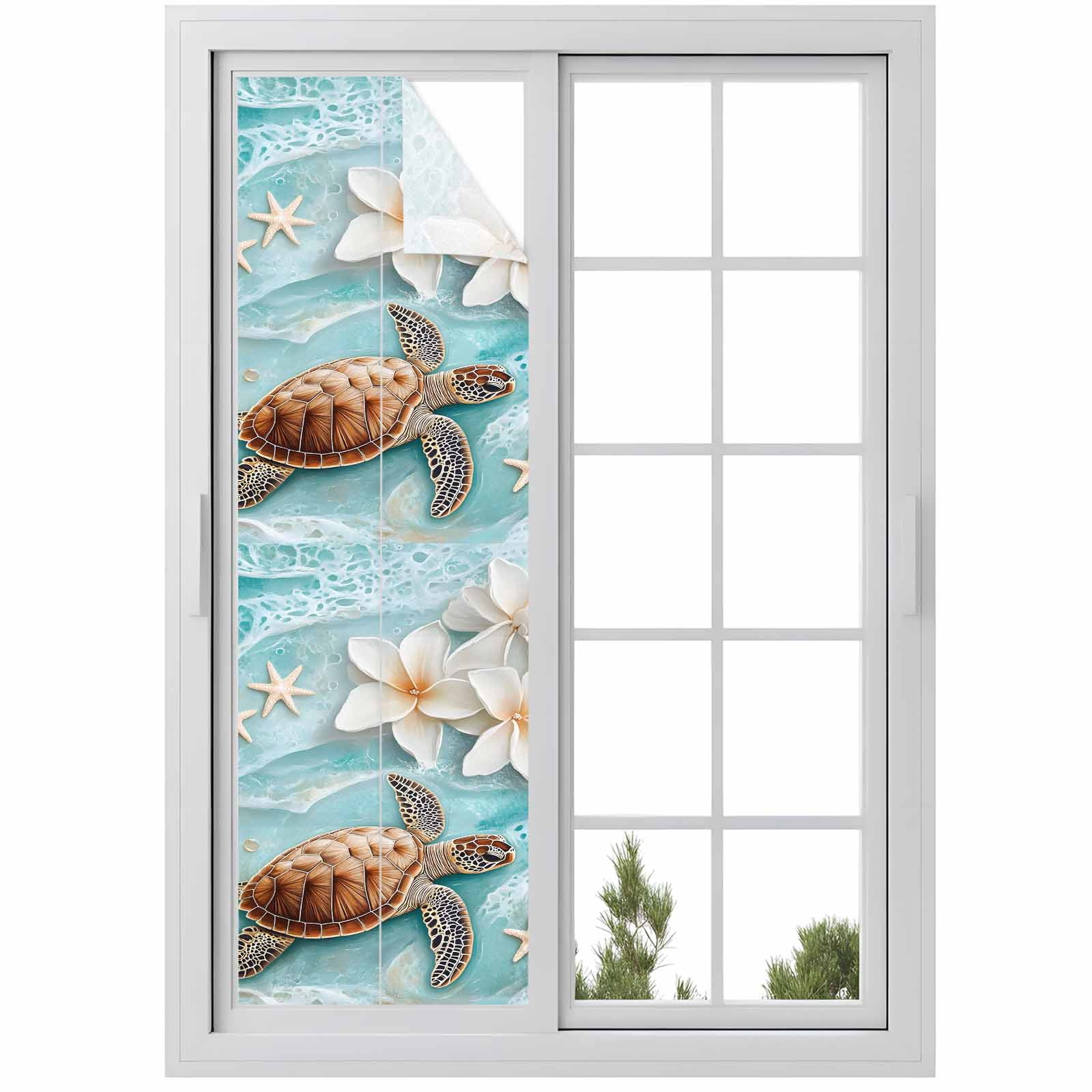 Coastal Sea Turtle Window Privacy Film Beach Ocean White Floral ...