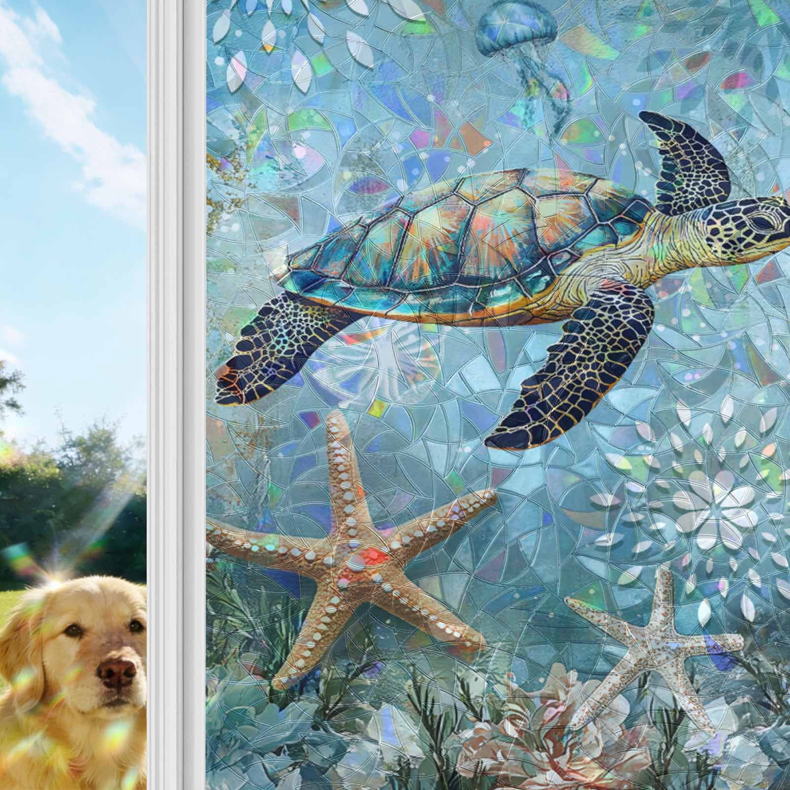 Coastal Sea Turtle Window Privacy Film Stain Glass,Reusable Decorative ...