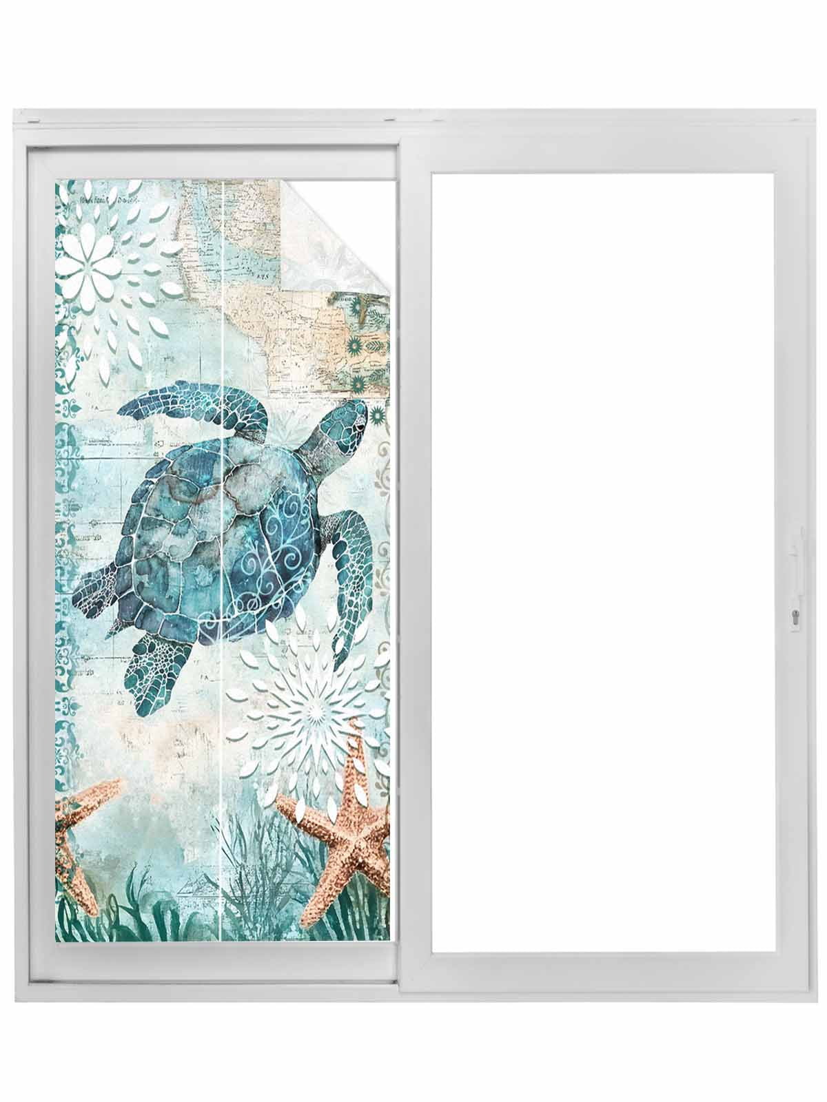 Coastal Sea Turtle Window Privacy Film, Teal Nautical Beach Starfish ...