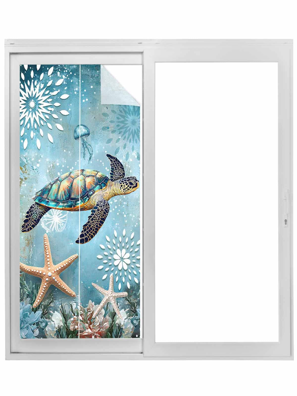 Coastal Sea Turtle Window Privacy Film, Vintage Teal Nautical Beach ...