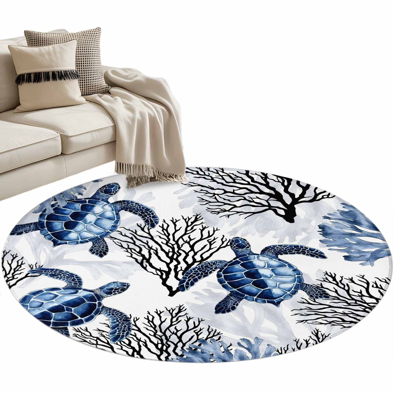 Coastal Sea Turtles Round Rug 3.3ft Washable Circle Entryway Rugs Non ...