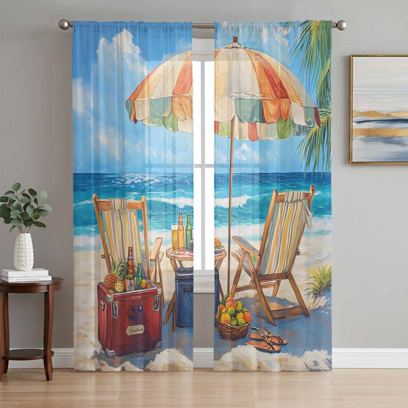 Coastal Sea Wave Blue Sheer Curtains 63 Inch Length 2 Panels Set, Ocean ...