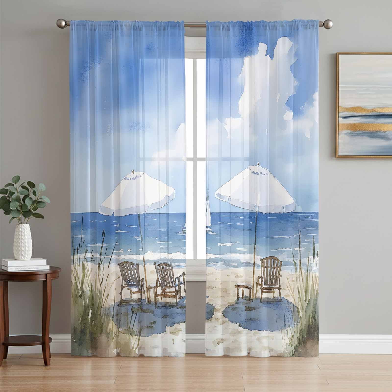 Coastal Sea Wave Blue Sheer Curtains 72 Inch Length 2 Panels Set, Ocean ...