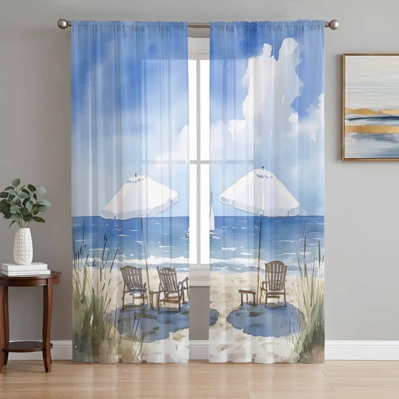 Coastal Sea Wave Blue Sheer Curtains 72 Inch Length 2 Panels Set, Ocean ...
