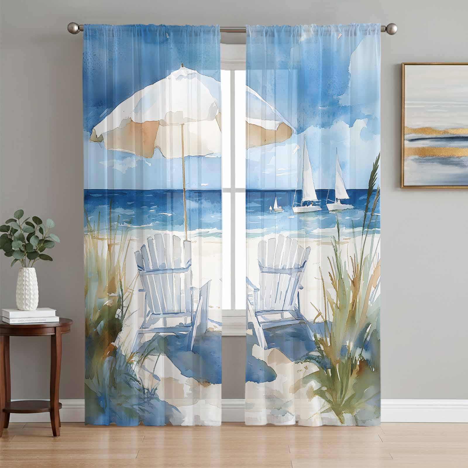 Coastal Sea Wave Blue Sheer Curtains 84 Inch Length 2 Panels Set ...