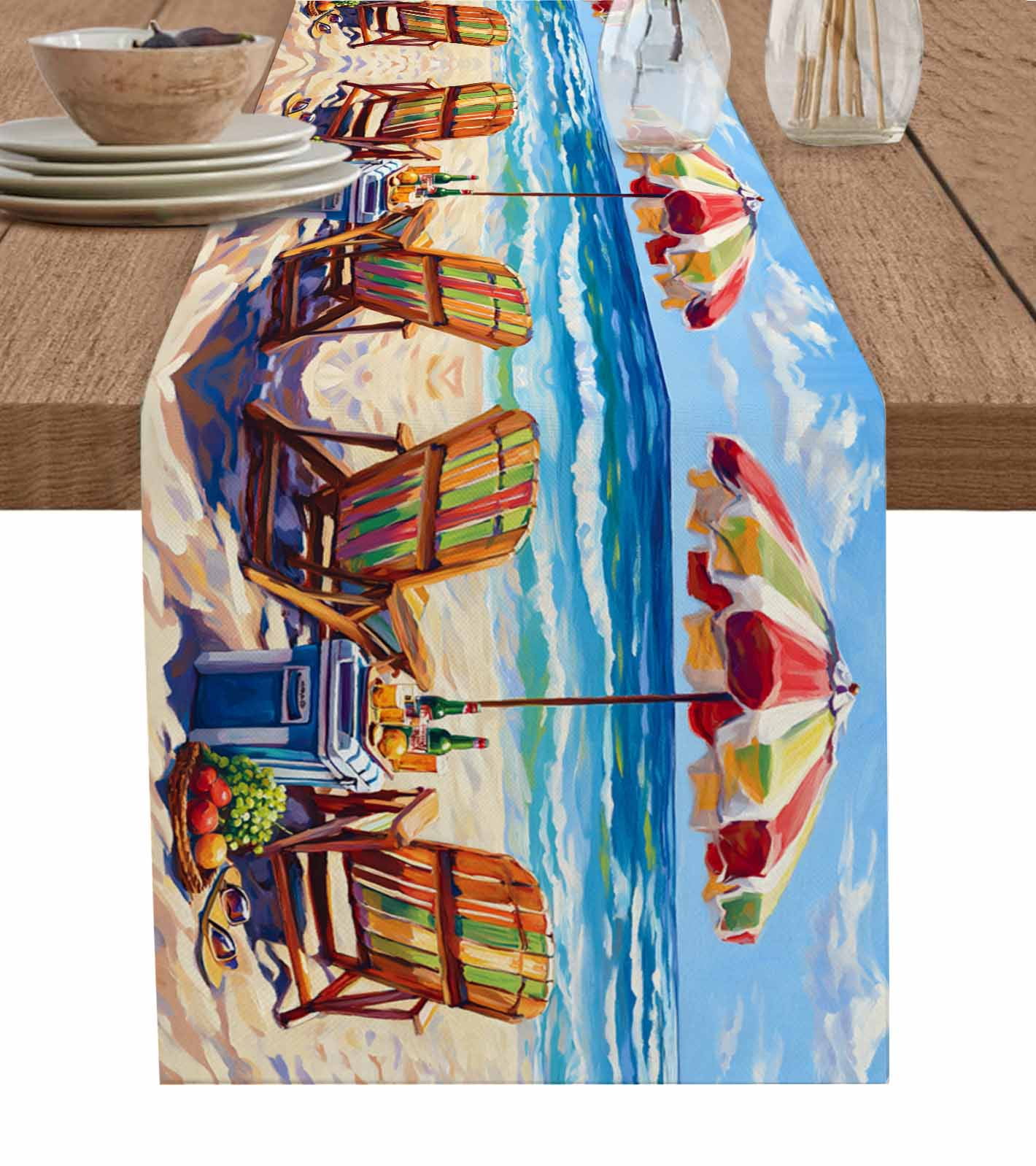 Coastal Sea Wave Table Runner 72 Inches, Summer Ocean Abstract Oil ...