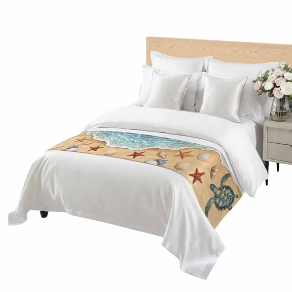 Coastal Sea turtle Bed Runner Cal King Size Beach Starfish Shell Conch ...
