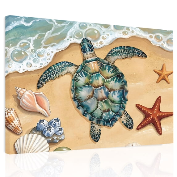 Coastal Sea turtle Canvas Print Wall Art, Beach Starfish Shell Conch ...