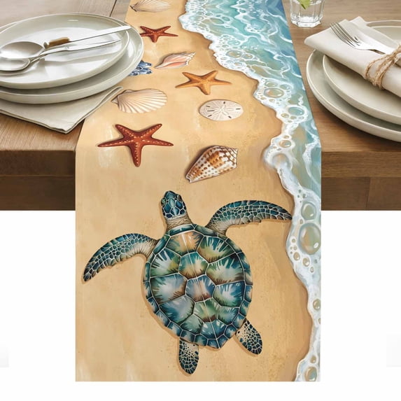 Coastal Sea turtle Cotton Linen Table Runner Beach Starfish Shell Conch ...