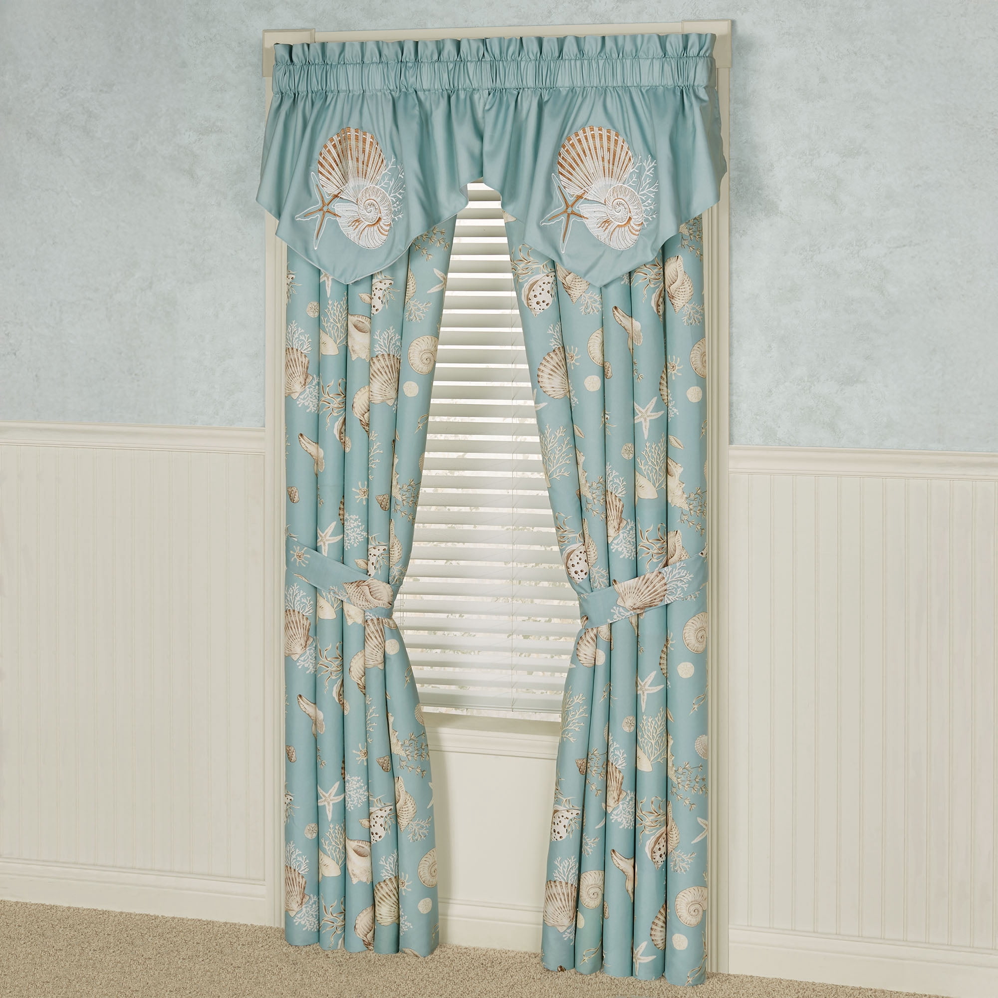 Coastal Seabreeze Shell Stripe Window Treatment, Aqua, Ascot Valances ...