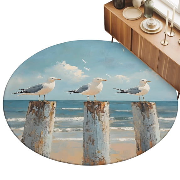 Coastal Seagull Area Rugs 5' (Round) Seabird Floor Rug Non Slip Low ...