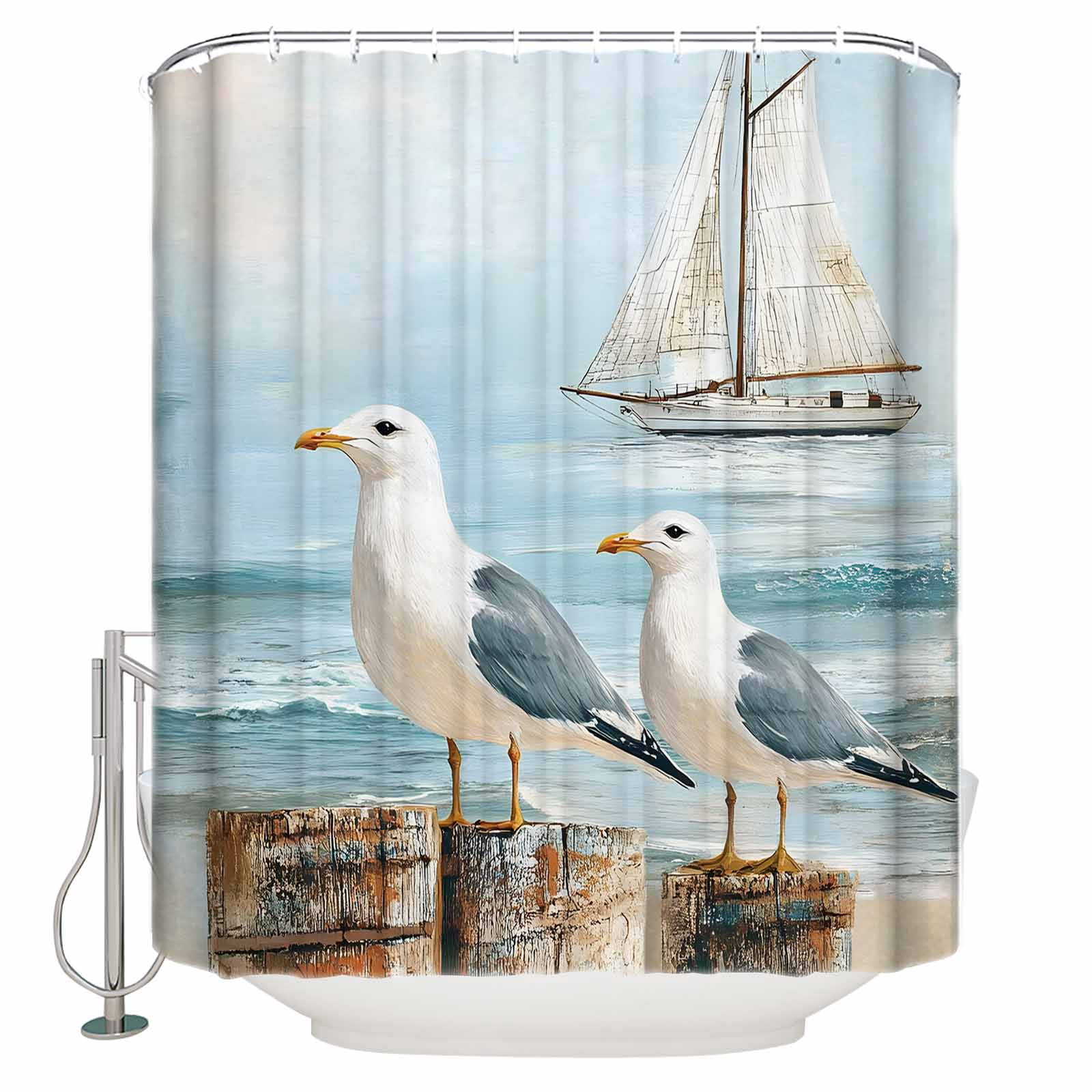 Coastal Seagull Bathroom Shower Curtains with 12 Hooks Polyester ...