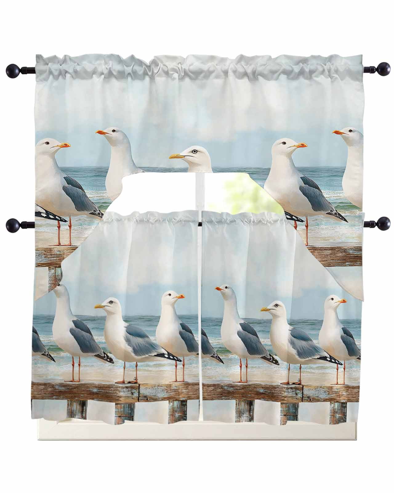 Coastal Seagull Kitchen Curtains Swag Valance and Tier Curtains Set 24 ...