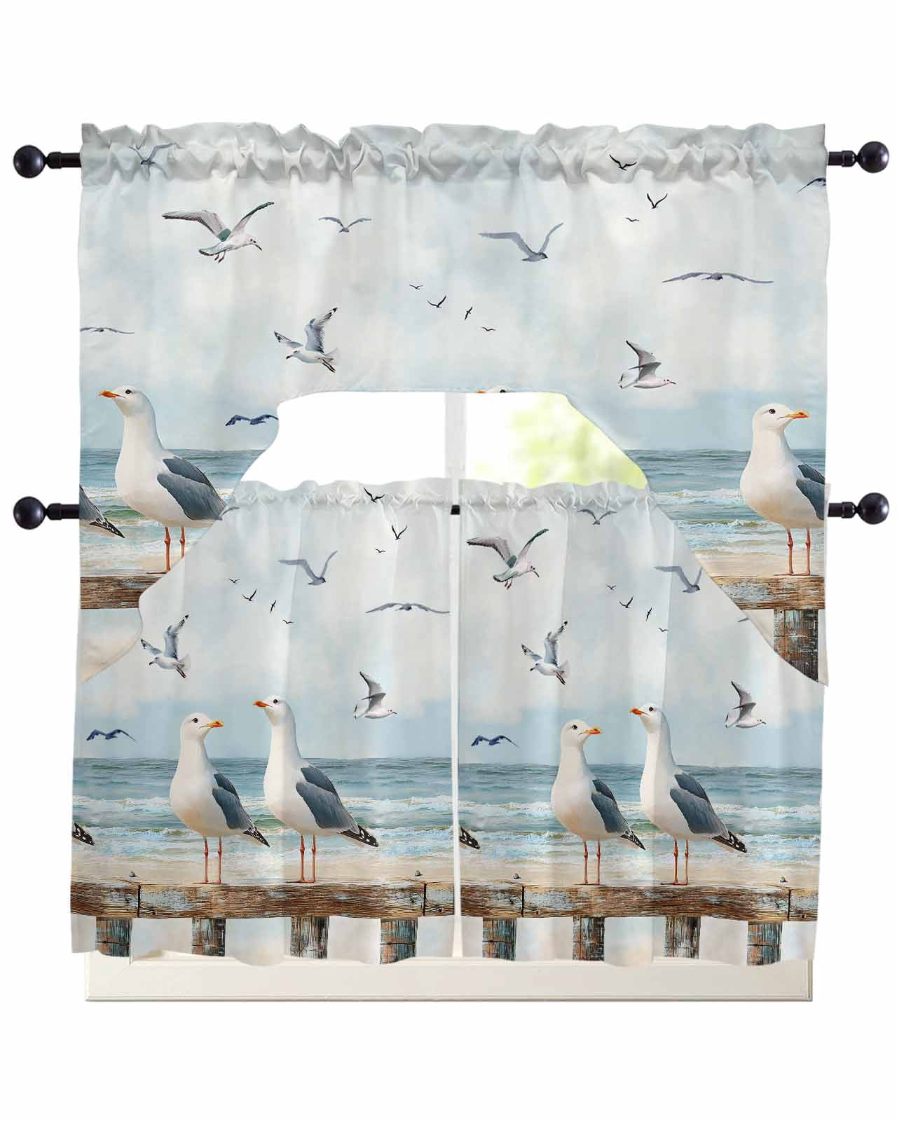 Coastal Seagull Kitchen Curtains Swag Valance and Tier Curtains Set 24 ...