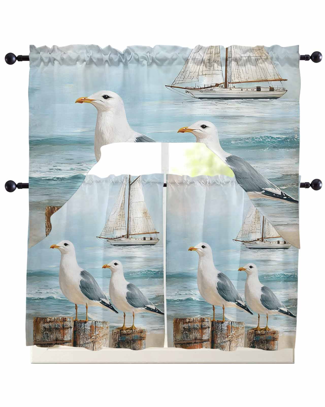 Coastal Seagull Kitchen Curtains Swag Valance and Tier Curtains Set 36 ...