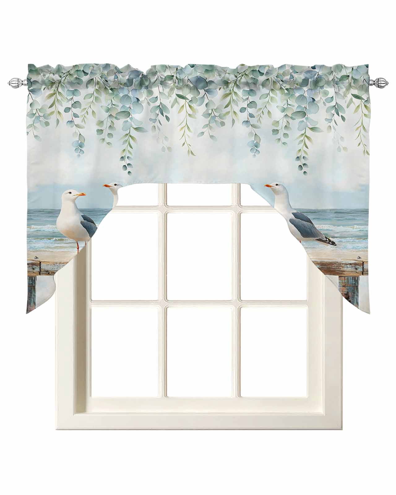 Coastal Seagull Kitchen Curtains Swag Valance for Windows/Bathroom/Cafe ...