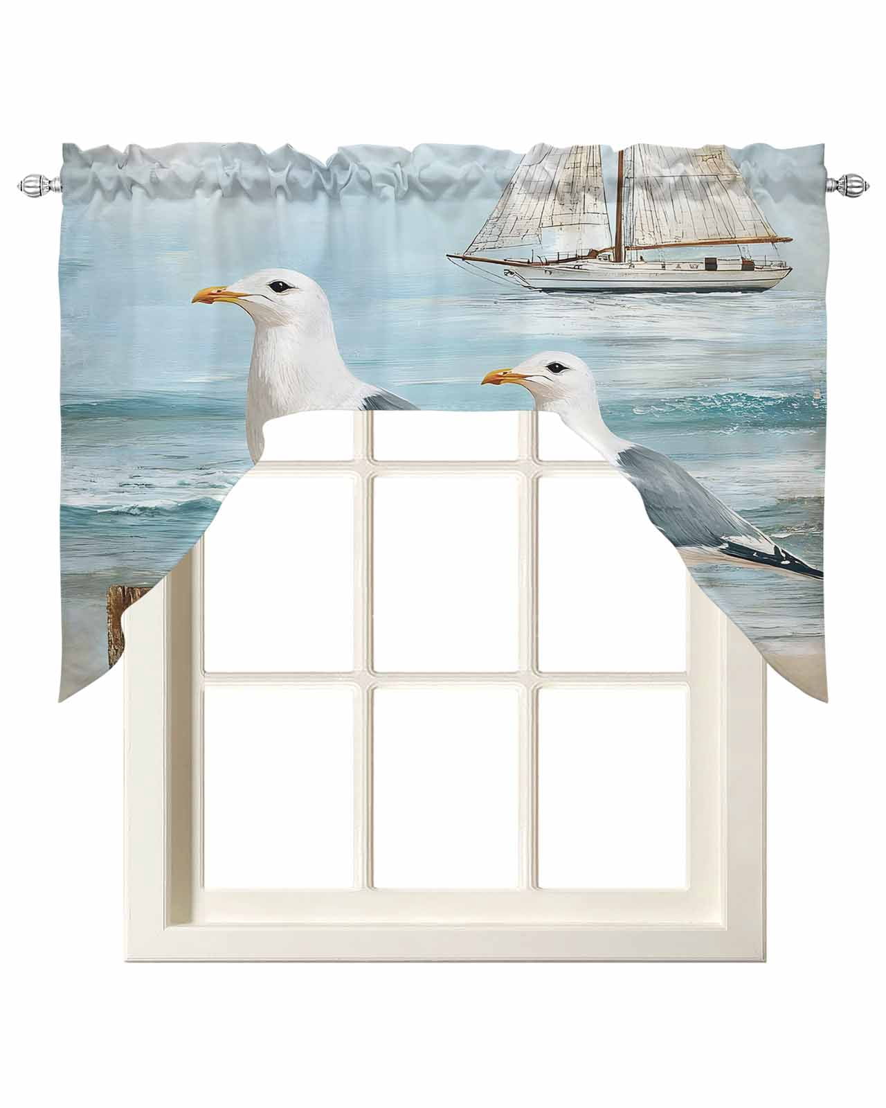 Coastal Seagull Kitchen Curtains Swag Valance for Windows/Bathroom/Cafe ...