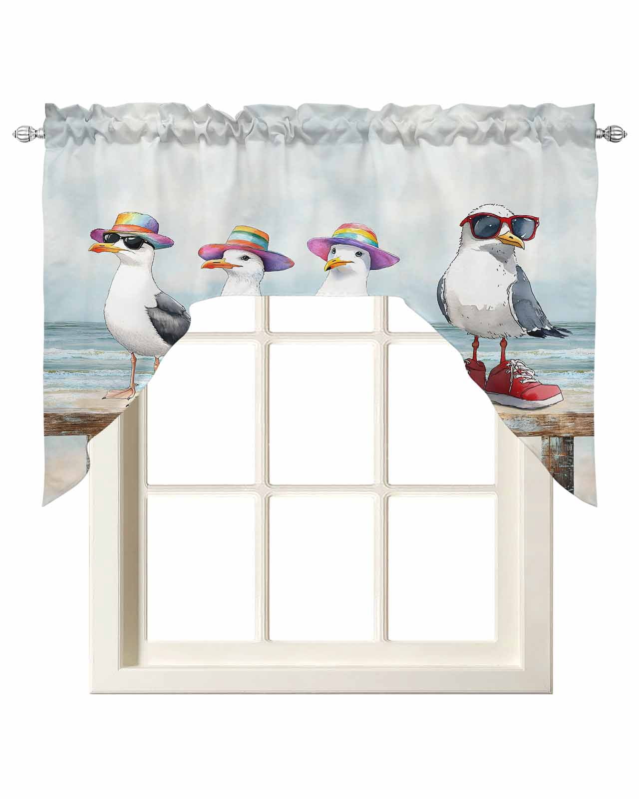 Coastal Seagull Kitchen Swag Valances for Windows, Summer Beach Ocean ...