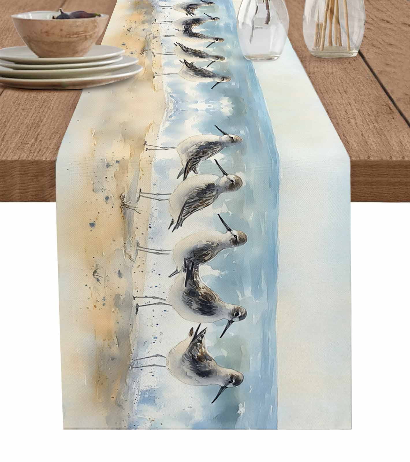 Coastal Seagull Table Runner 72 Inches, Blue Ocean Summer Birds Oil ...