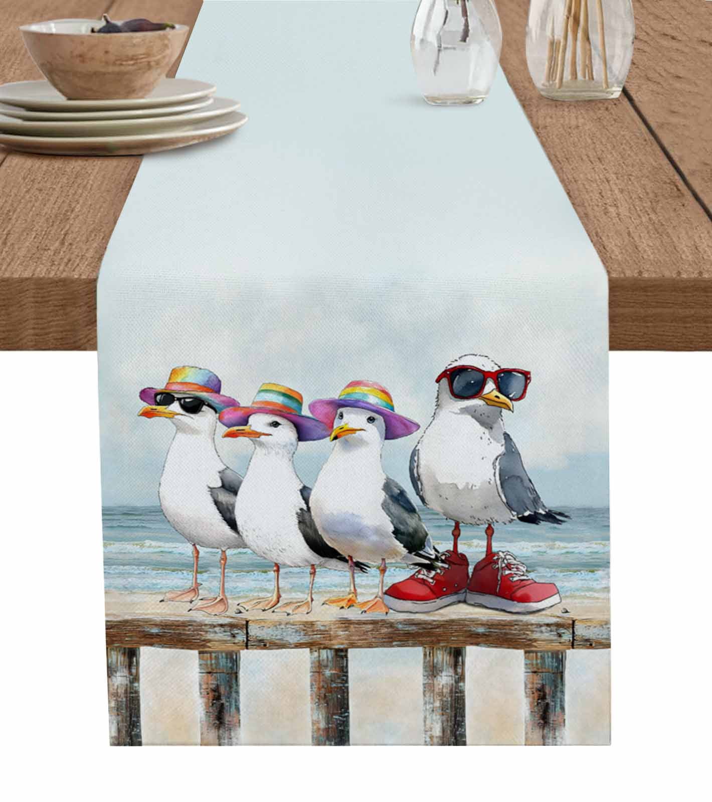 Coastal Seagull Table Runner 72 Inches, Summer Beach Ocean Birds Modern ...