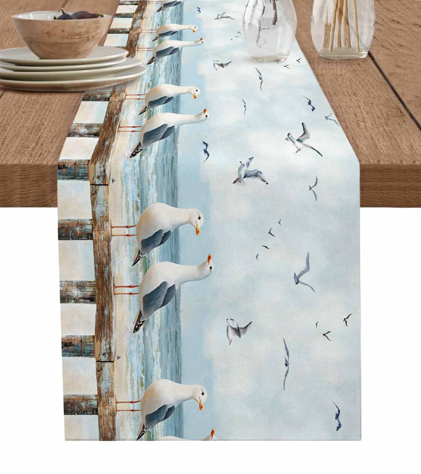 Coastal Seagull Table Runner 90 Inches, Summer Beach Ocean Birds Retro ...