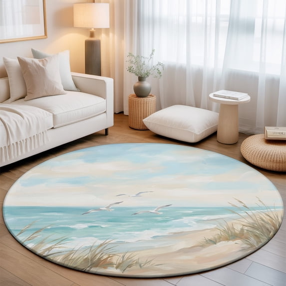 Coastal Seagulls Washable Round Area Rug 3 ft, Beach Ocean Sky Oil ...