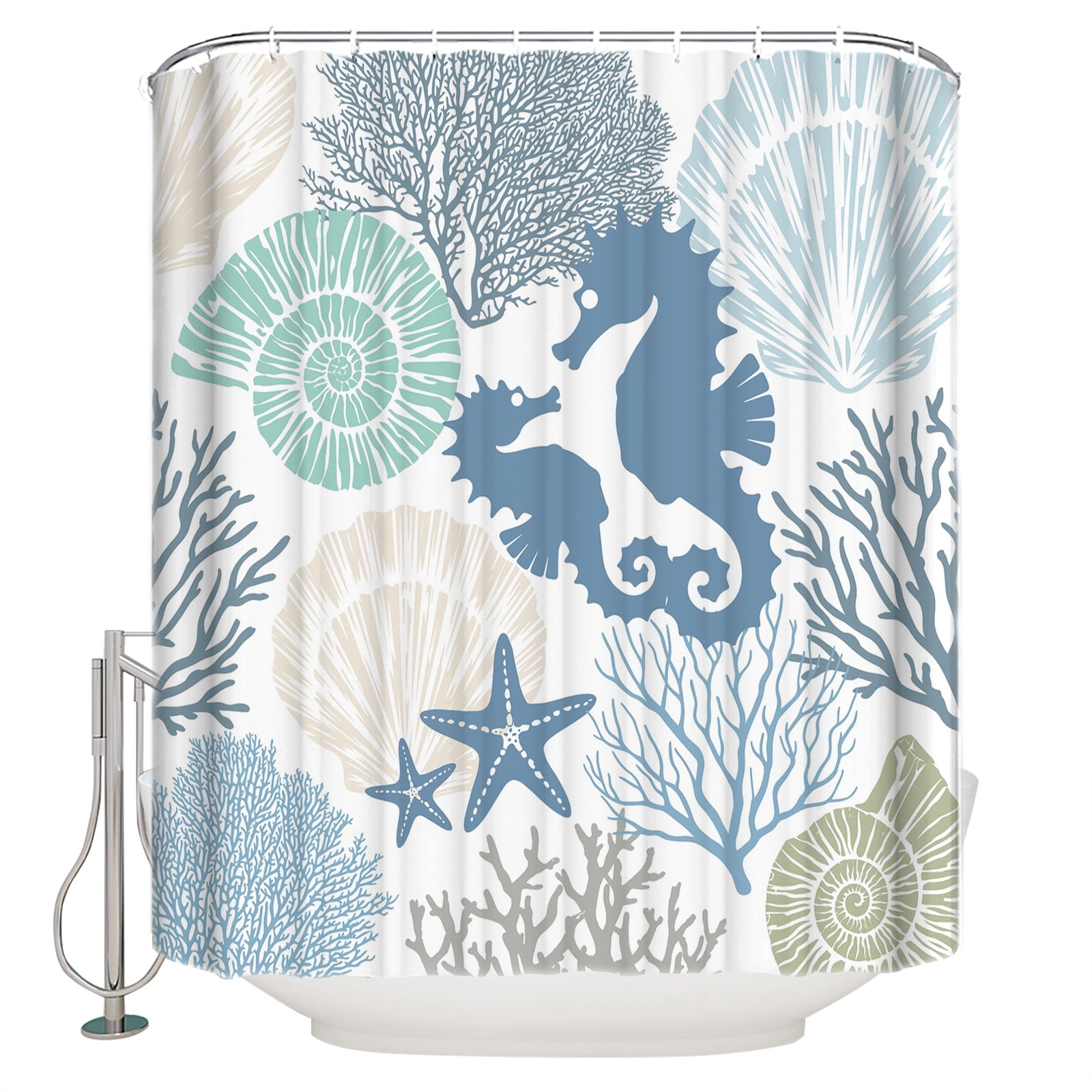 Coastal Seahorse Bathroom Shower Curtains with 12 Hooks Waterproof ...
