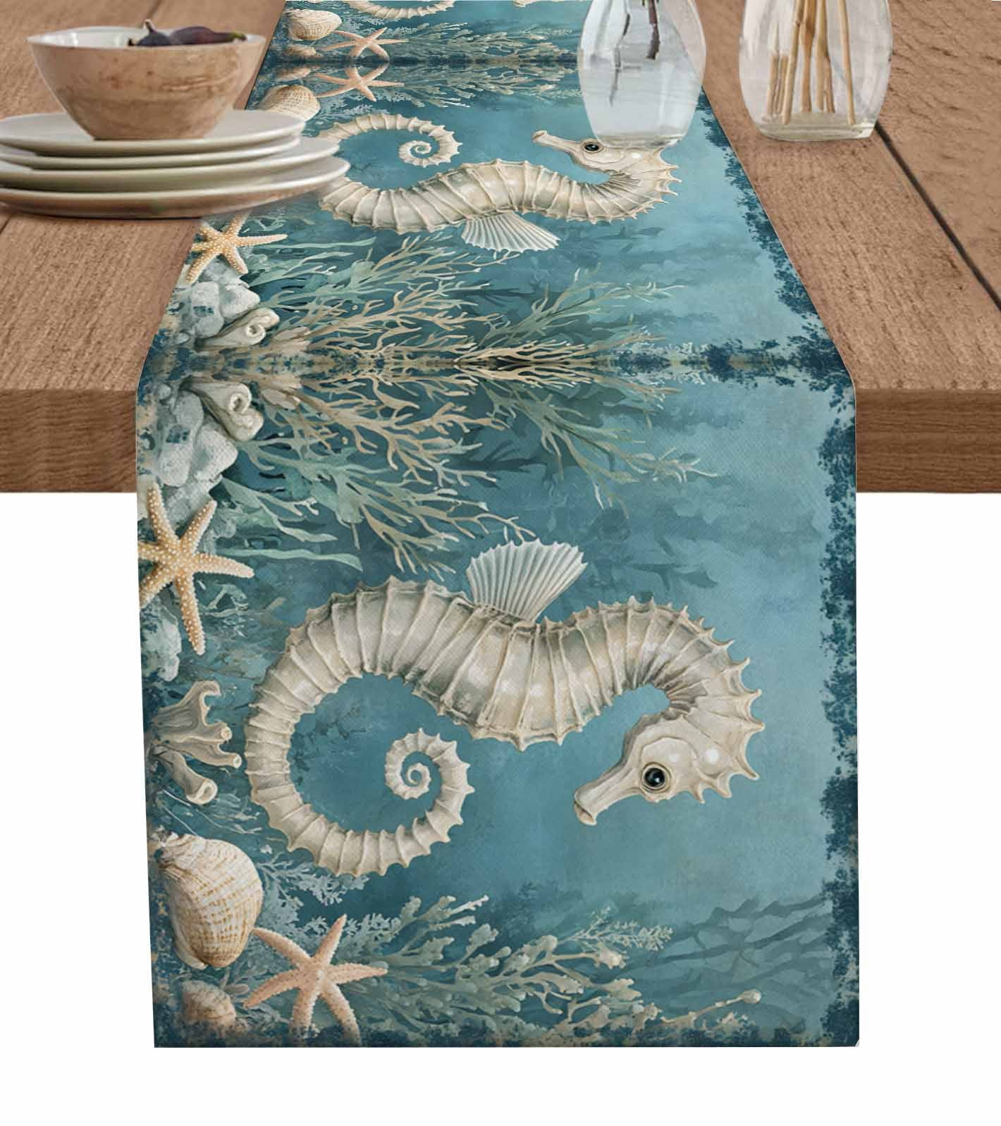 Coastal Seahorse Blue Green Burlap Cotton Table Runner 13x120 Inches ...