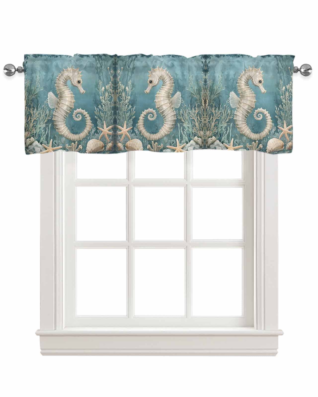 Coastal Seahorse Blue Green Kitchen Valances for Windows Farmhouse ...