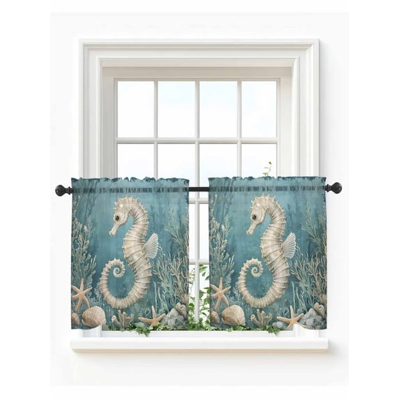 Coastal Seahorse Blue Green Tier Curtains 24 Inch Length,Sheer Curtains ...