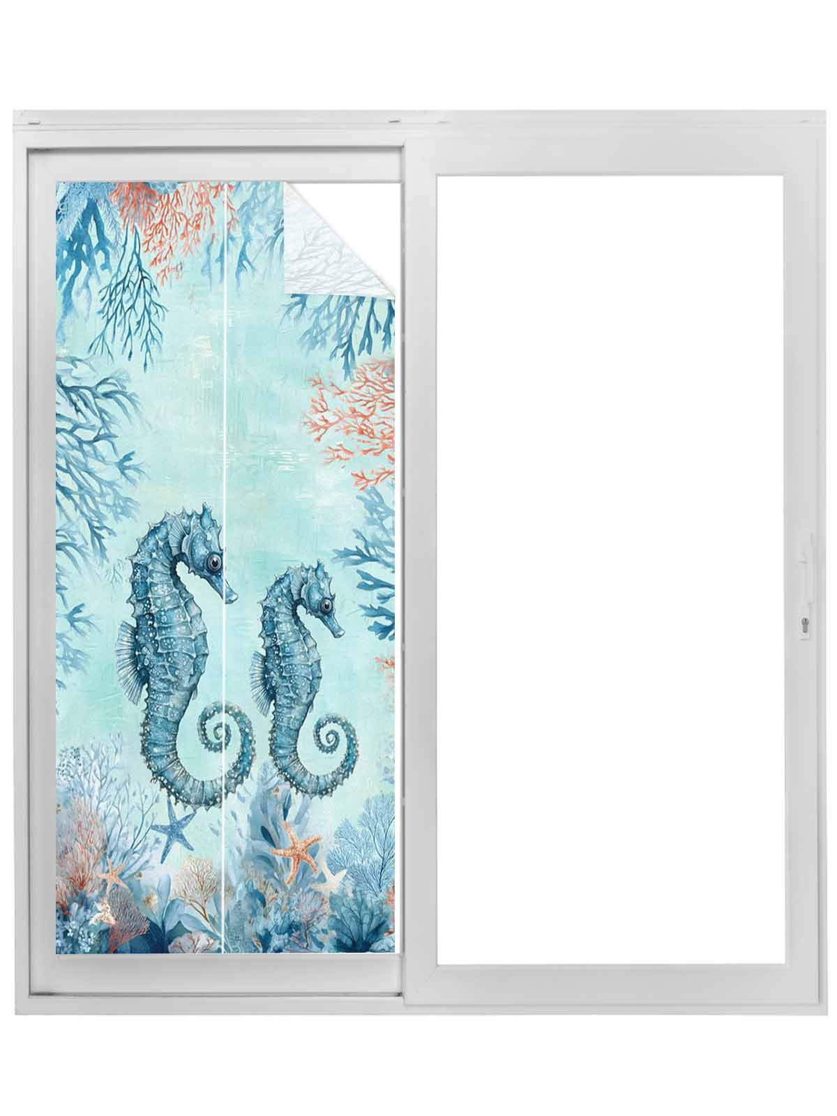Coastal Seahorse Blue Window Privacy Film, Summer Beach Nautical Coral ...