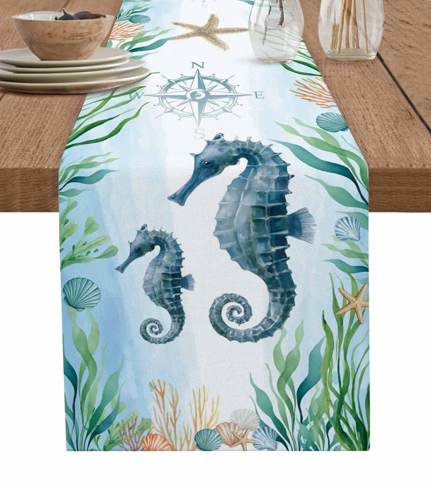 Coastal Seahorse Burlap Cotton Table Runner 13x120 Inches Long, Blue ...