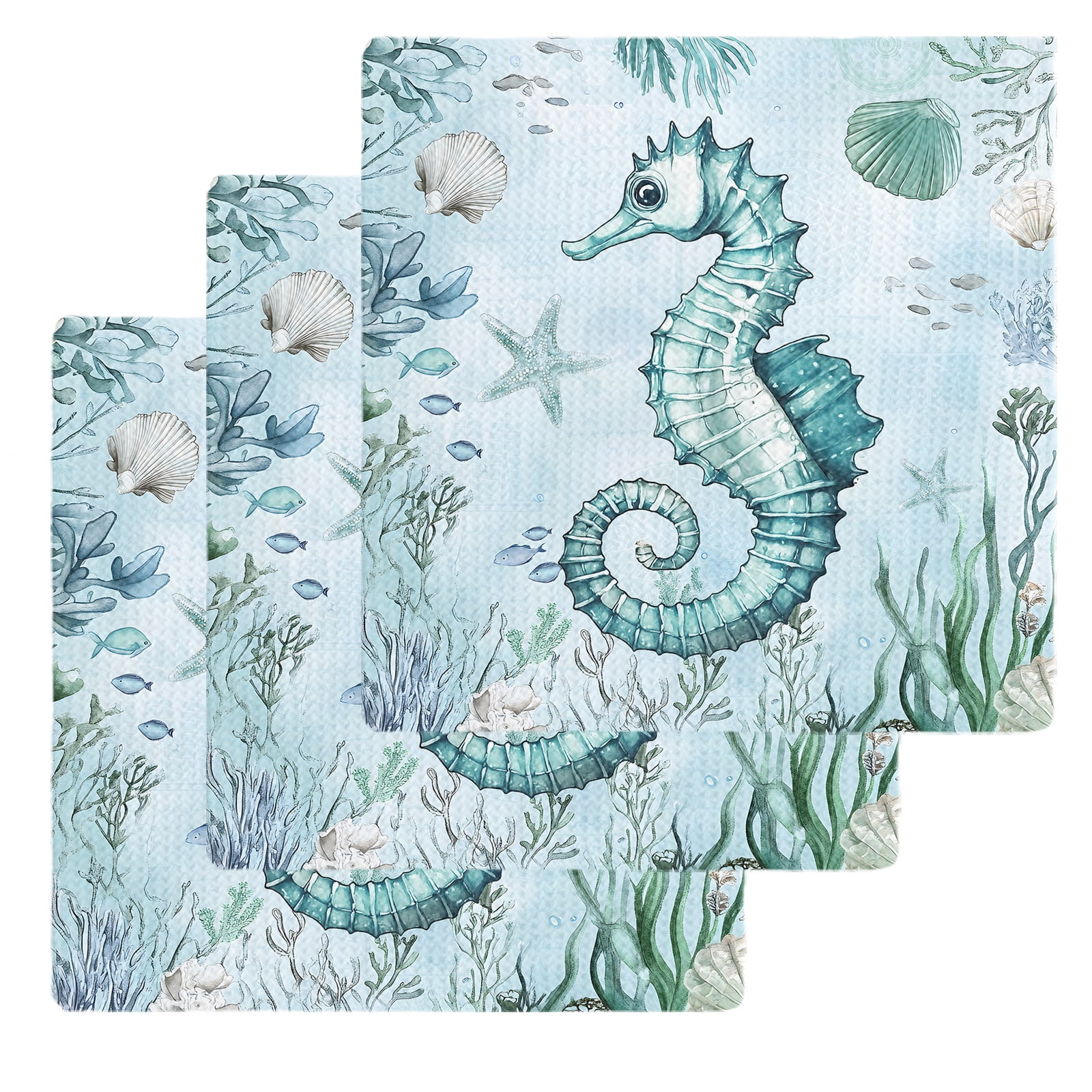 Coastal Seahorse Kitchen Dish Towels for Drying Dishes Set of 3, Ocean ...