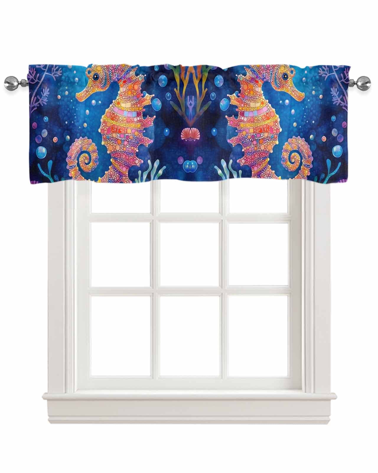 Coastal Seahorse Kitchen Valances for Windows Farmhouse Linen Window ...